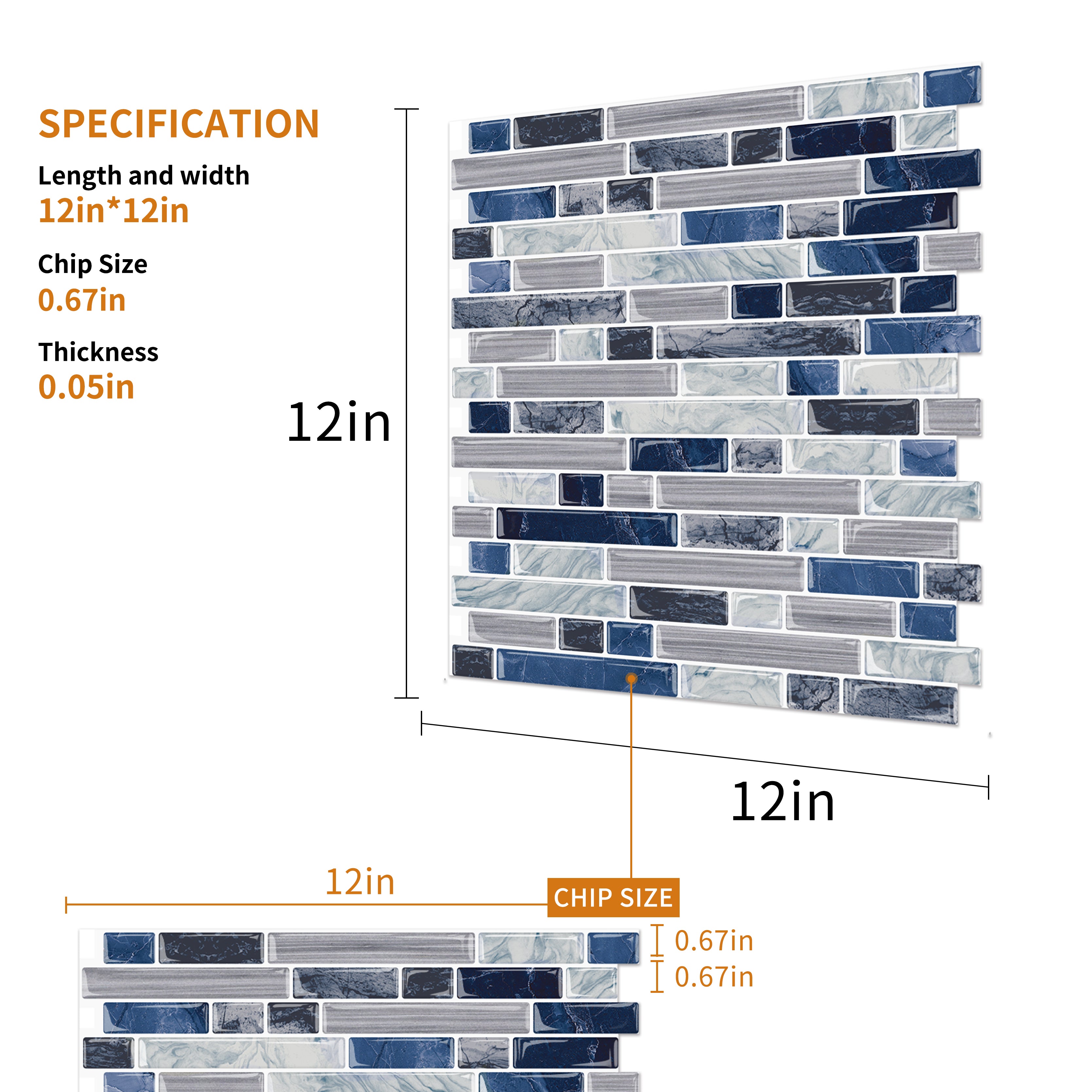 12' X 12' Dark Blue 3D Embossed Peel and Stick Vinyl Backsplash Tile ...